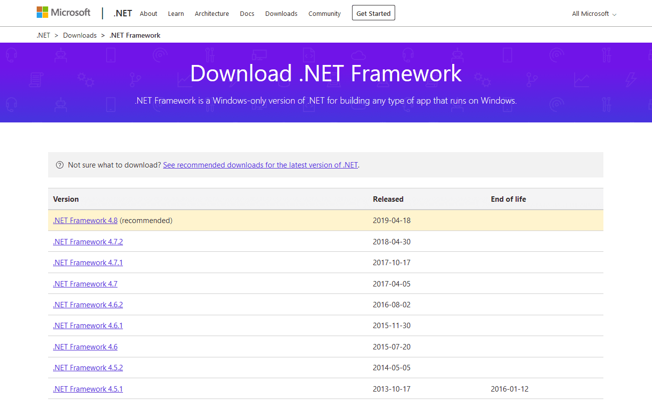 Come accedere ai download di tutte le versioni di .NET Framework