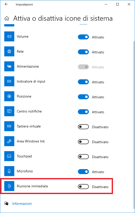 Disattivare il pulsante di Riunione Immediata in Windows 10