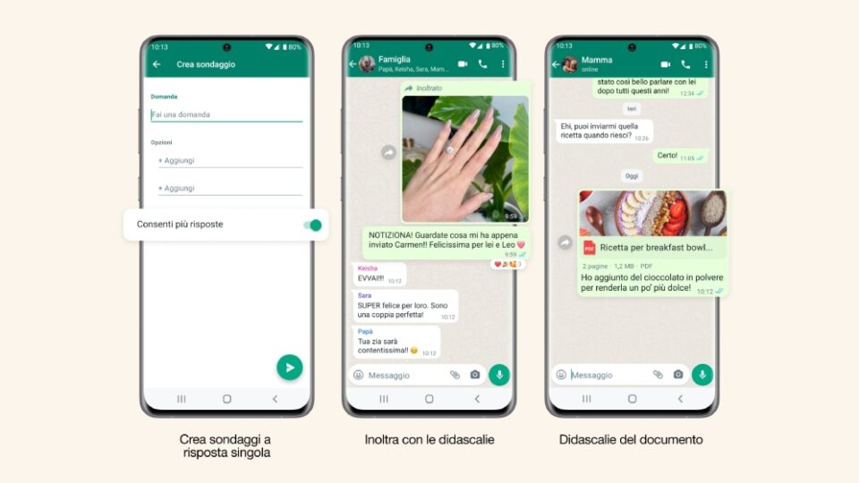 WhatsApp: aggiornamenti per sondaggi e inoltro con didascalie
